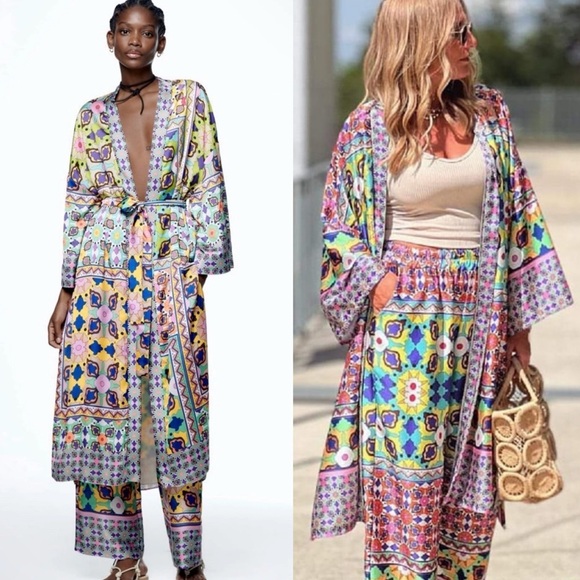 Zara | Jackets & Coats | Nwt Zara Printed Long Belted Kimono Robe ...